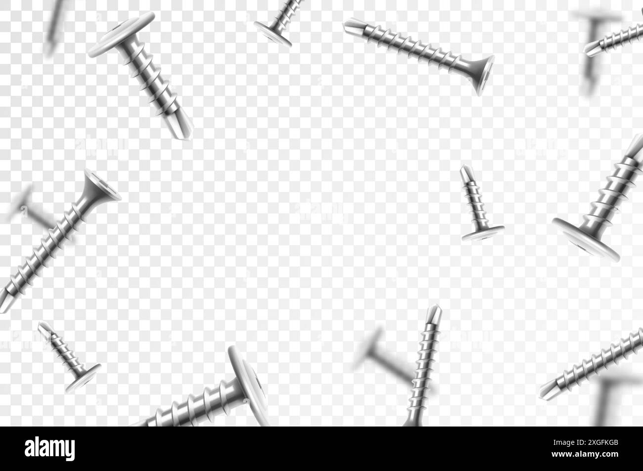 Flying metal screws and bolts, isolated on transparent background. Many ...
