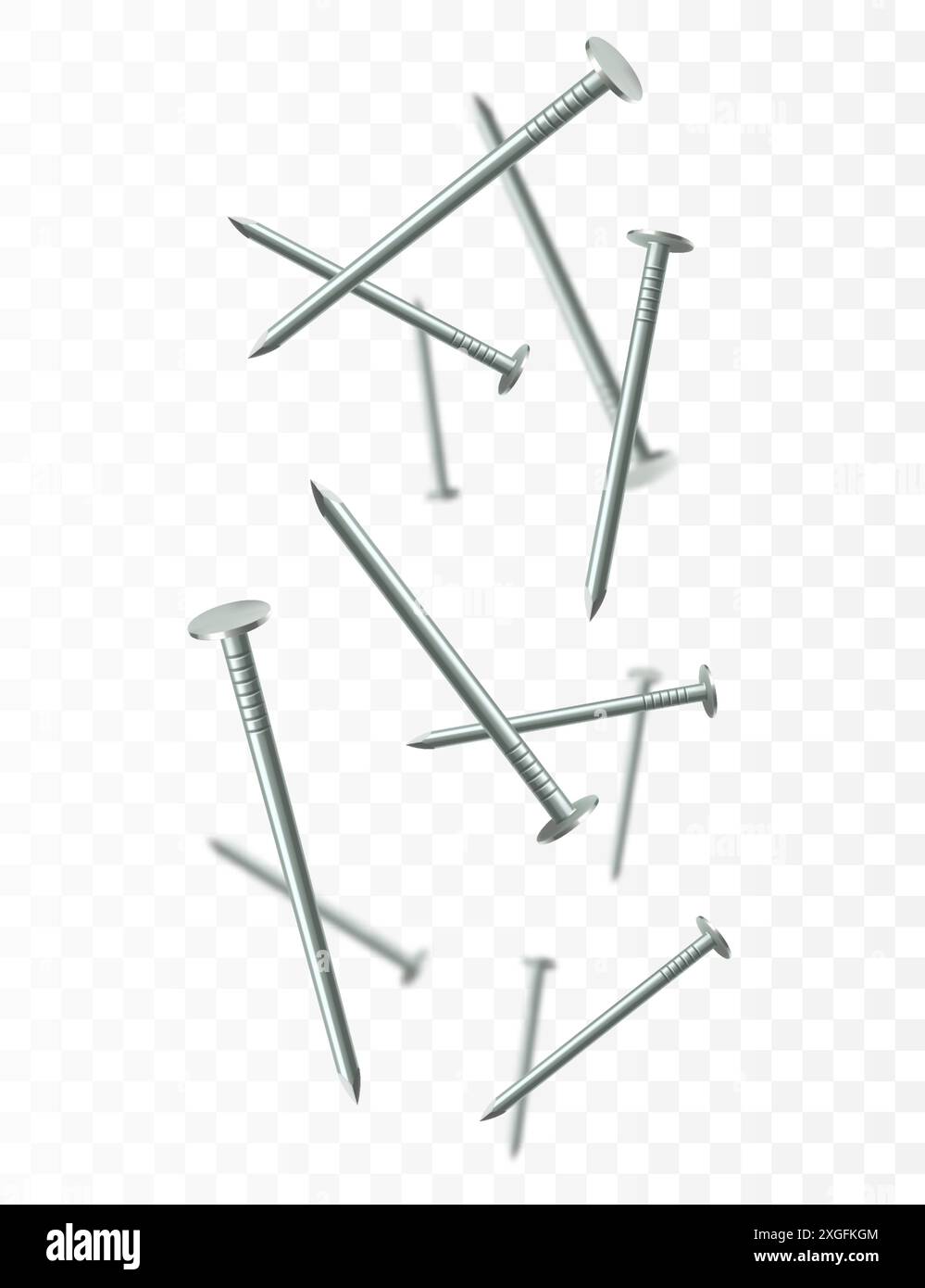 Flying metal nails, isolated on transparent background. Many silver ...