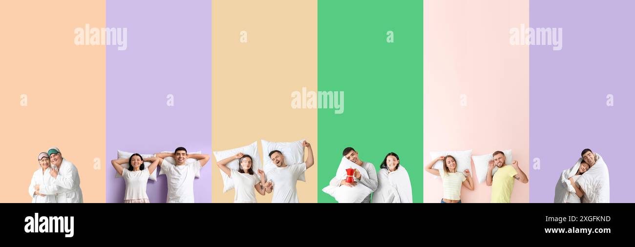 Collage of different couples at morning on color background Stock Photo ...