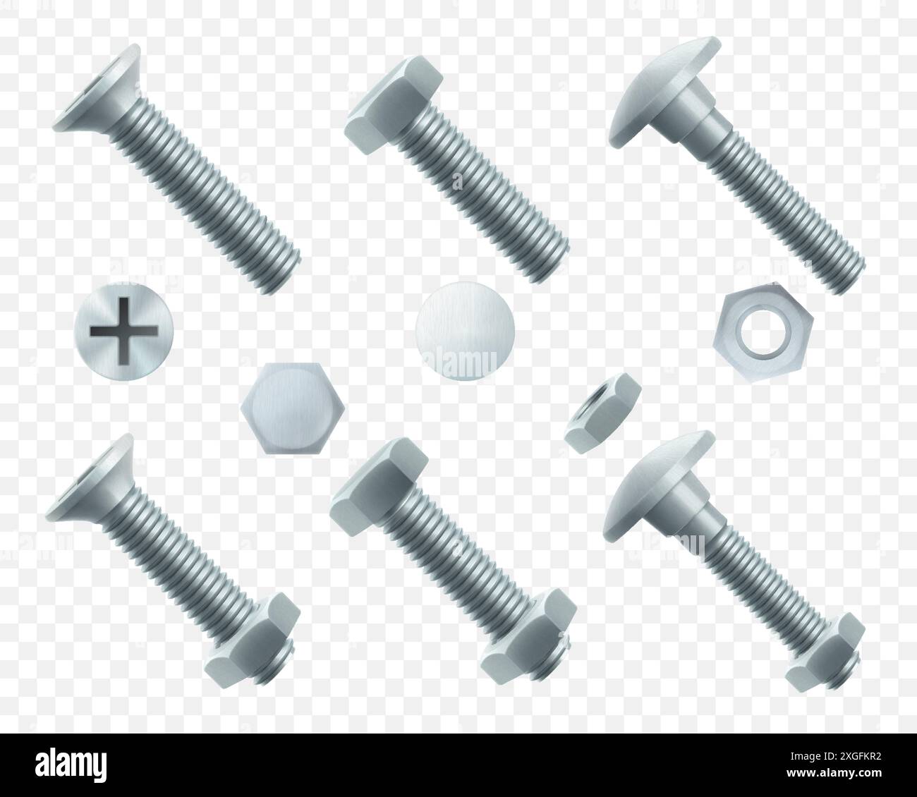 Set of steel bolts and hex nut isolated on white background. Realistic ...