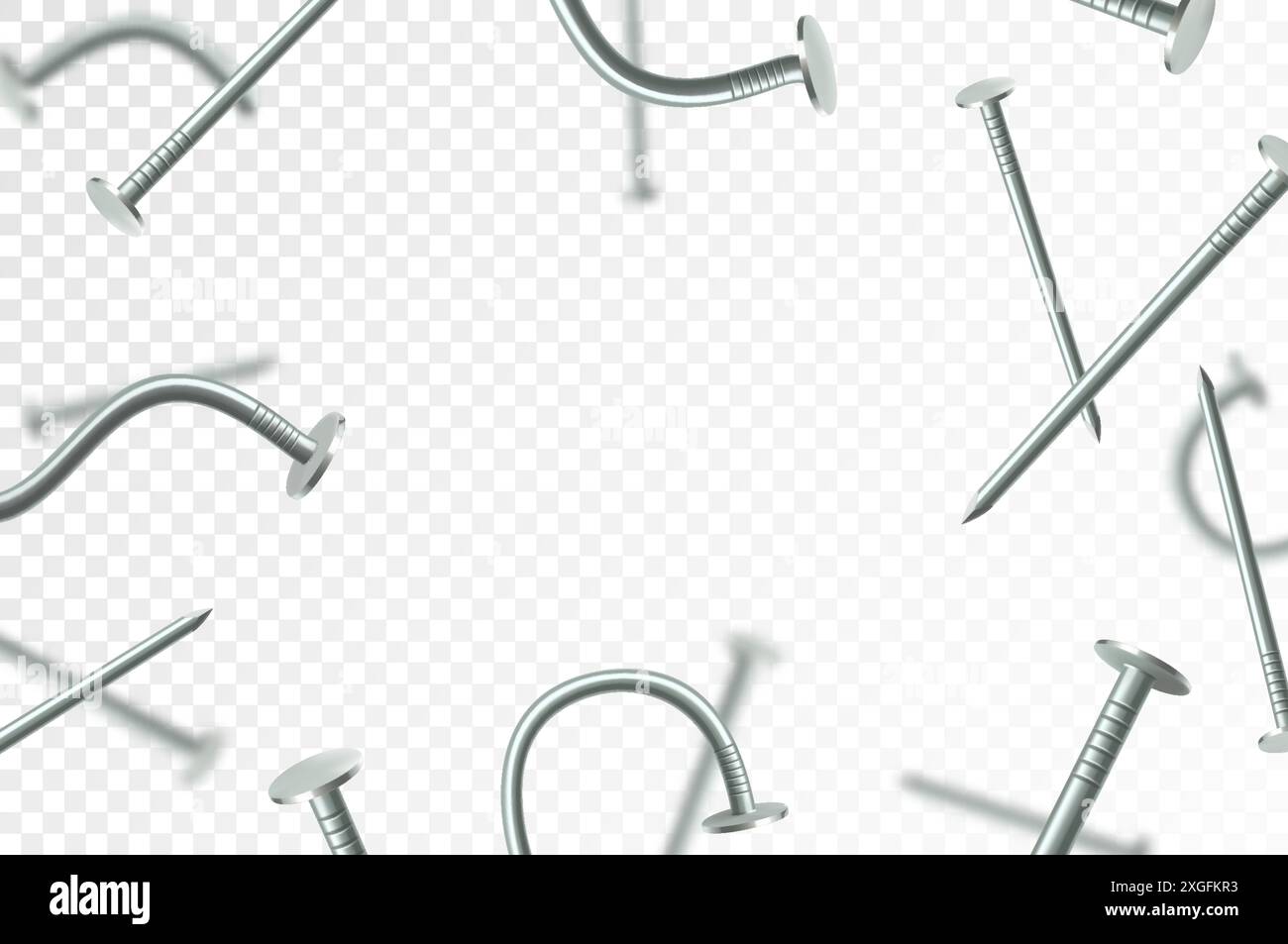 Flying metal nails, isolated on transparent background. Many silver ...