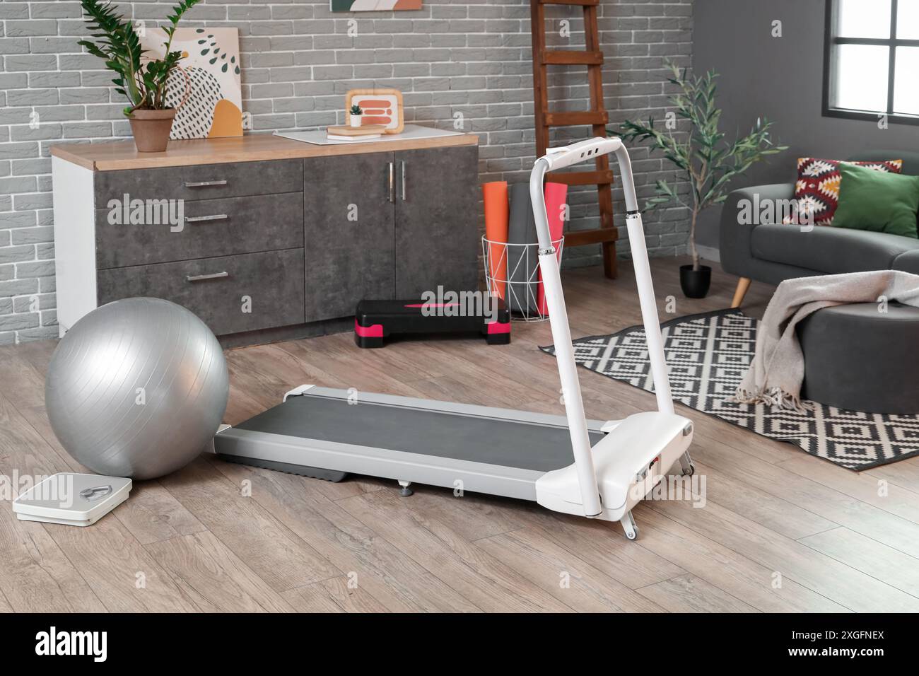 Modern treadmill with fitball in interior of living room Stock Photo ...