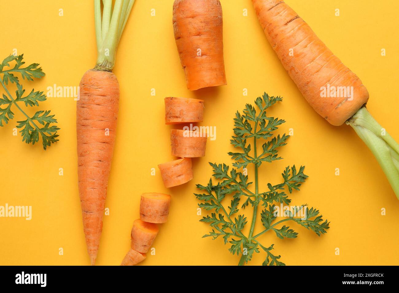 Whole and cut fresh carrots with green leaves on yellow background ...
