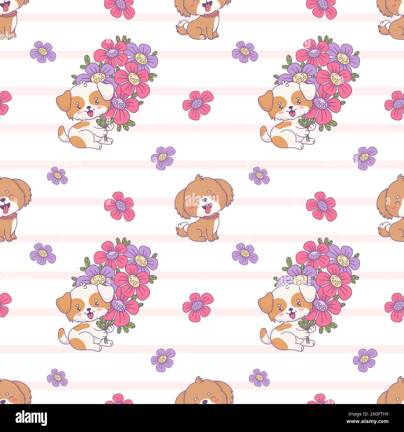 Seamless pattern with happy cartoon dogs with bouquet of flowers on ...