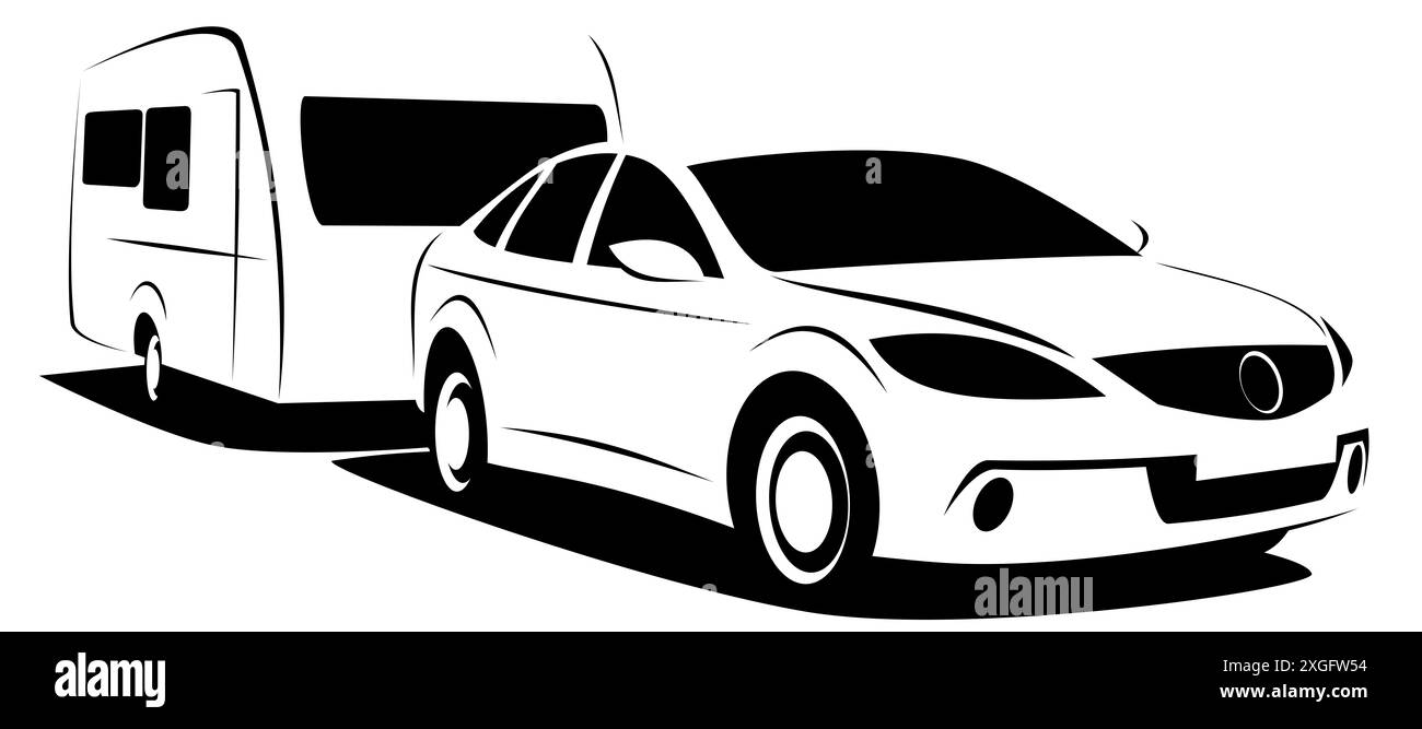 Dynamic vector illustration of a passenger car towing a caravan trailer ...