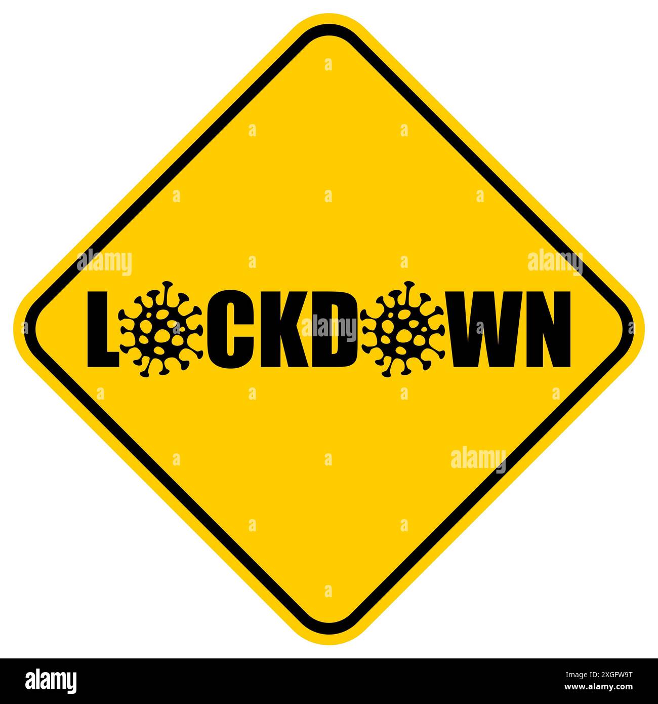 Lockdown yellow warning sign with illustration of coronavirus instead ...