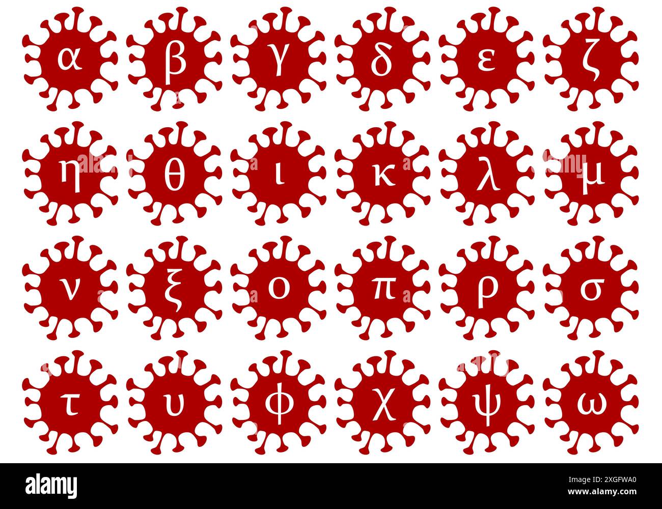 Vector illustration of Covid-19 virus with letters of Greek alphabet ...