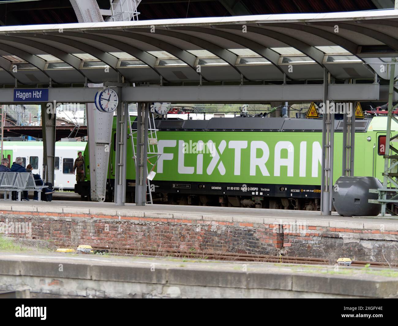 Hagen, Germany - April 7, 2024. Flixtrain arrives at a station ...