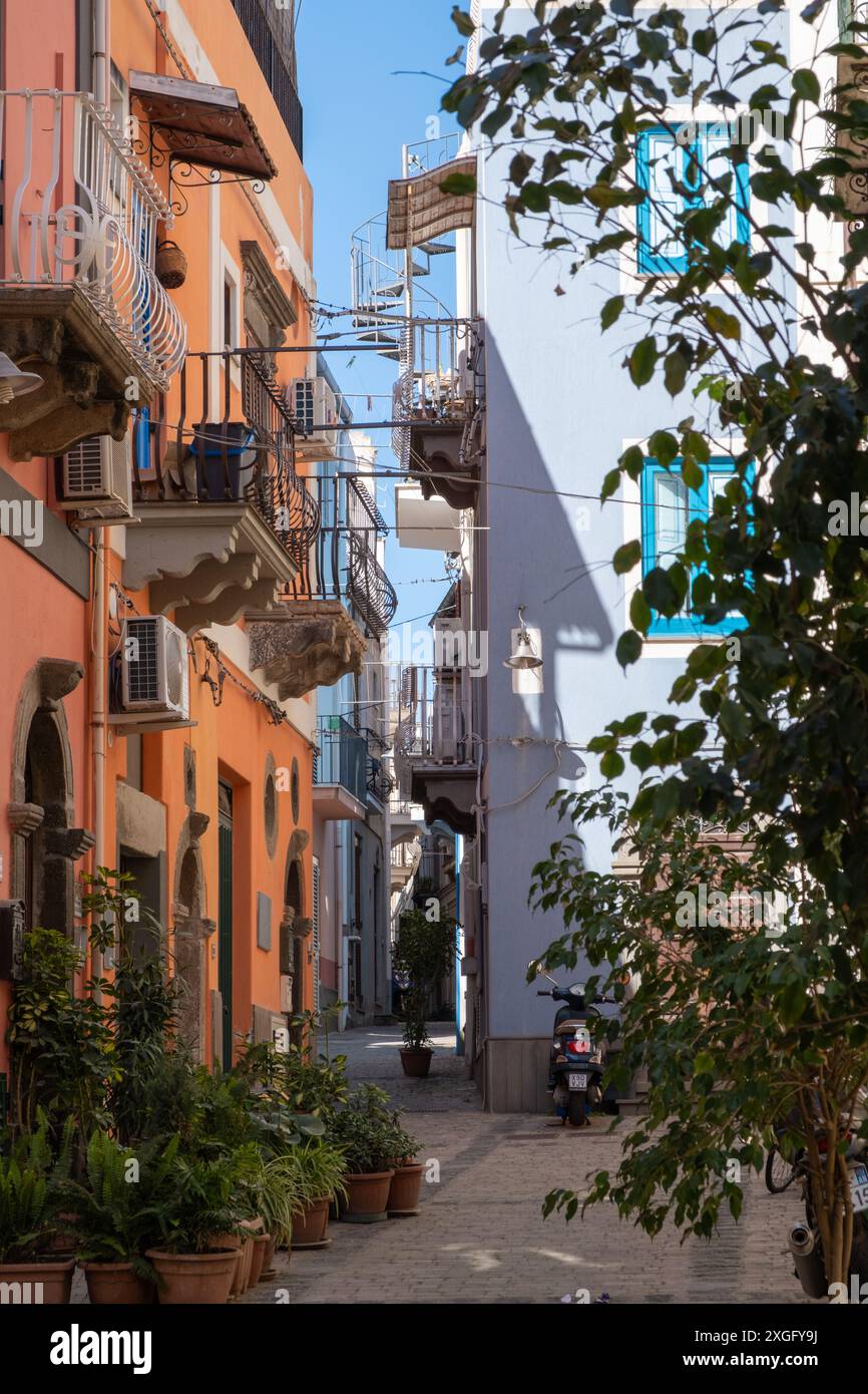 Typical narrow lane in Lipari town, Aeolian Islands, Italy Stock Photo ...