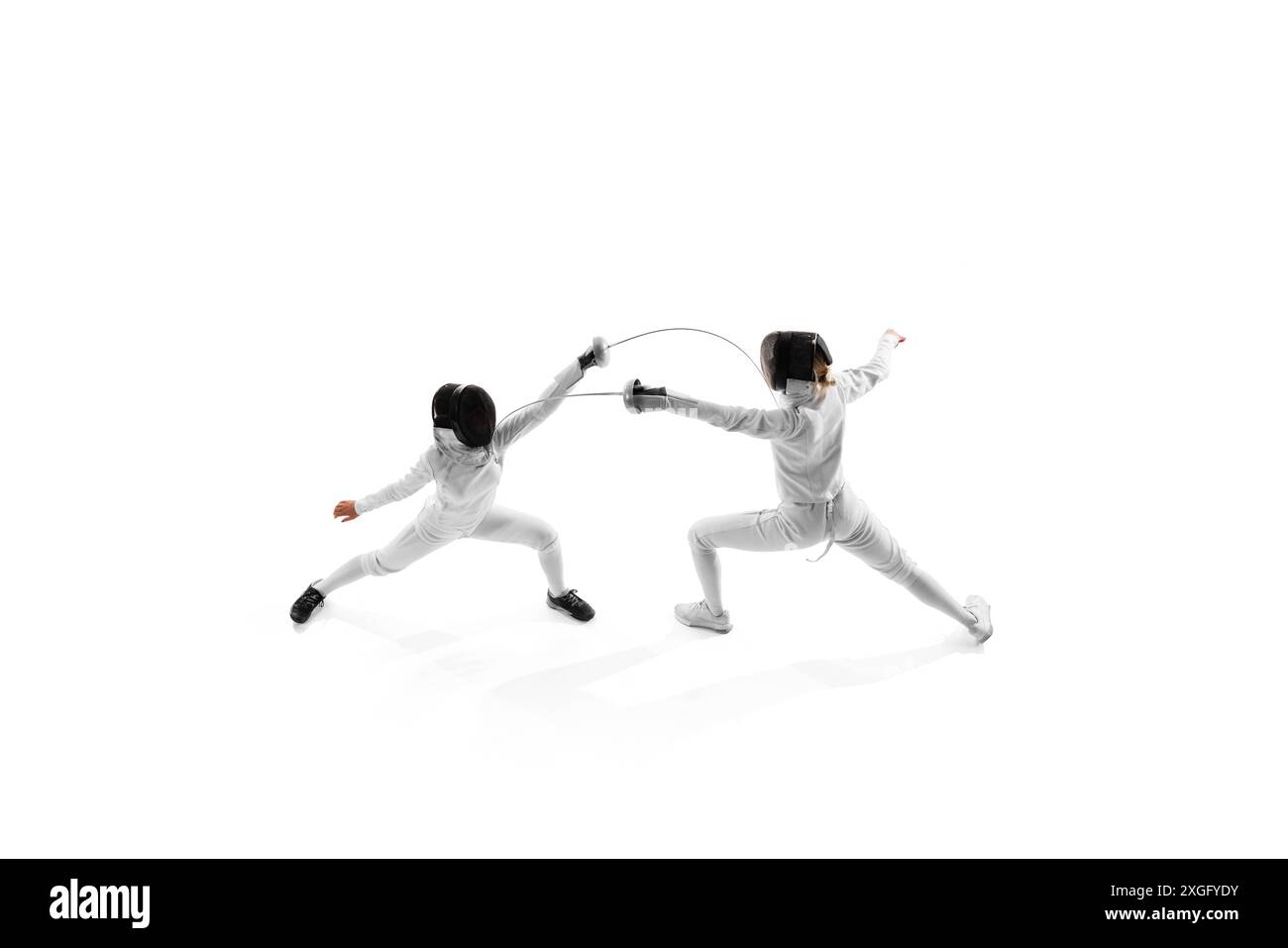 Aerial view of two female athletes practicing, during duel to improve ...