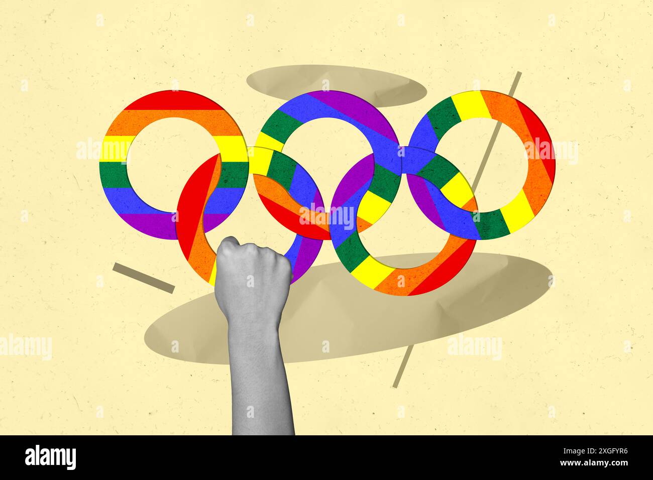 Composite photo collage of human hand hold olympic ring rainbow color ...