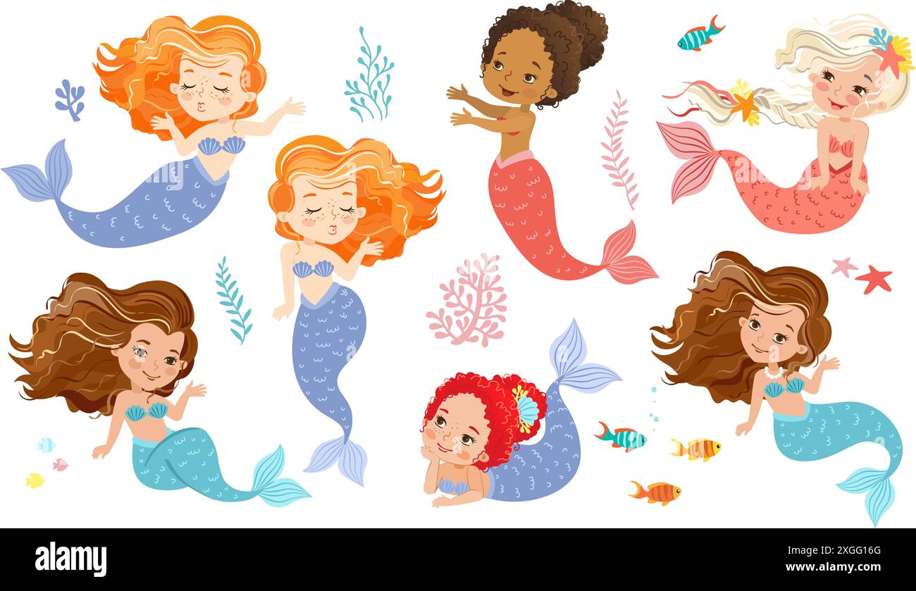 Hand drown vector illustration of Beautiful Girl Mermaid with with pink hair. Set of isolated ...