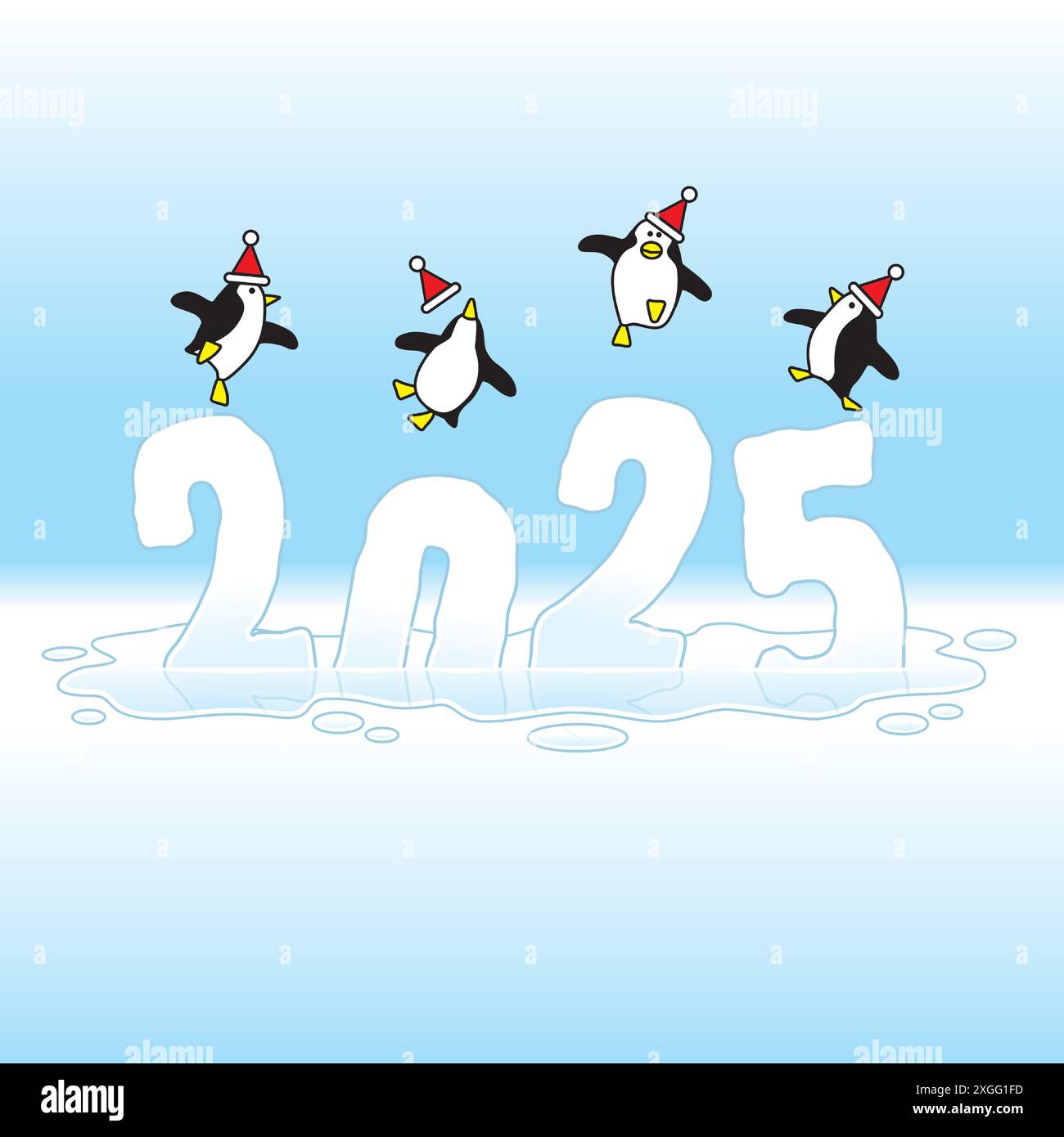Four Happy Penguins wearing Santa Hats Dancing on top of melting Year ...