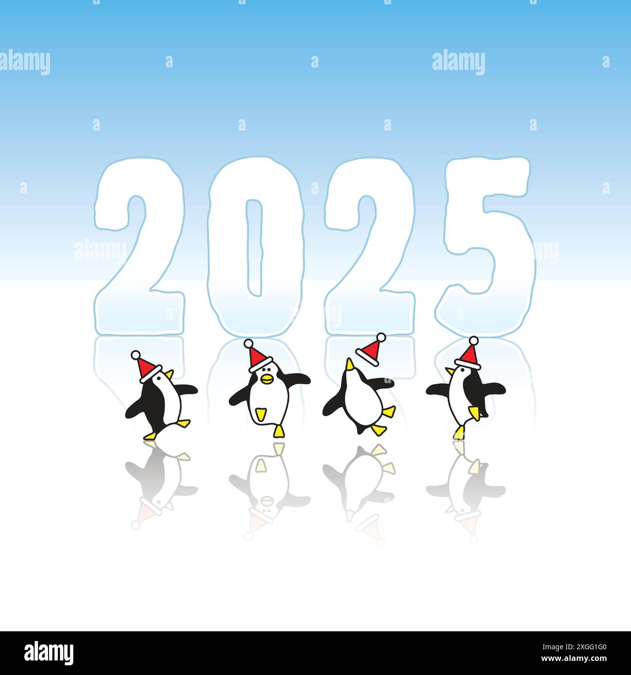 Four Happy Penguins wearing Santa Hats Dancing in front of Year 2025 ...