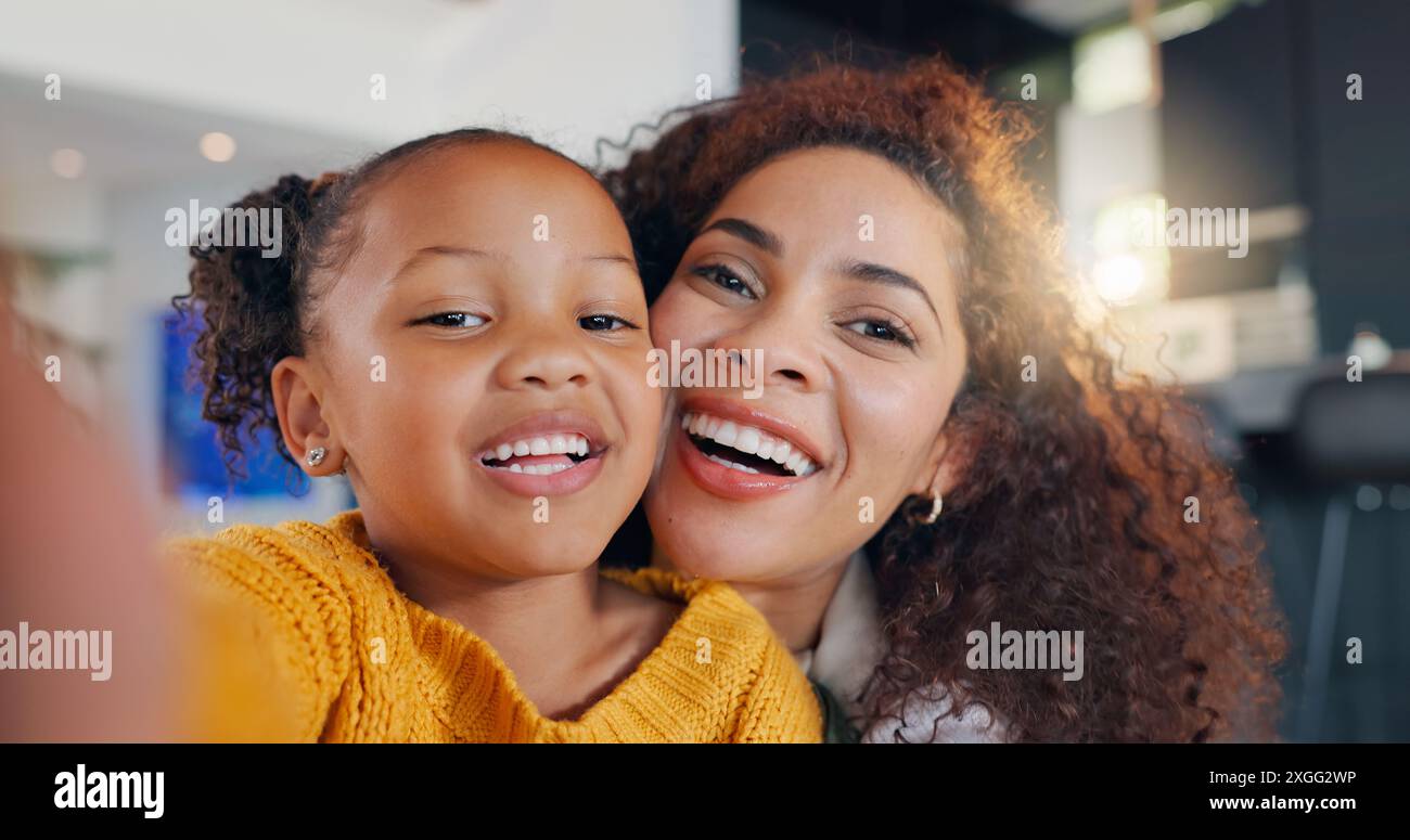 African mom, selfie and portrait of child laughing in home for happy ...