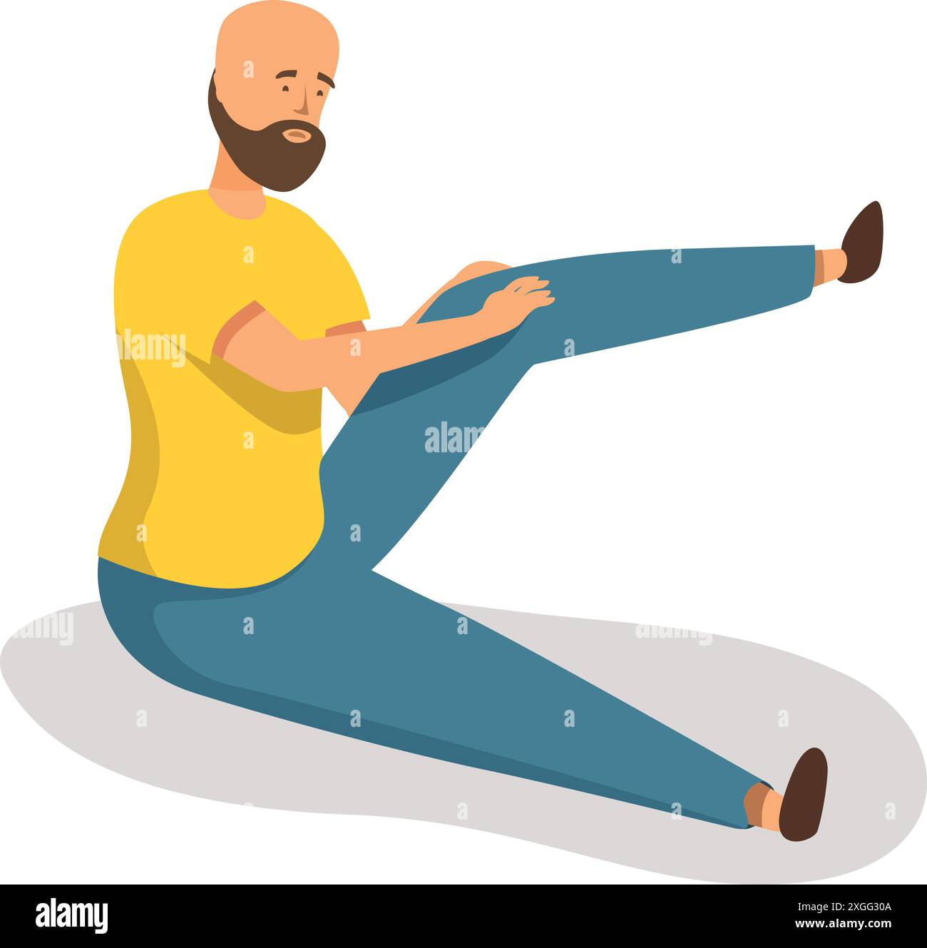Young man is sitting on the floor, stretching his leg muscles Stock ...