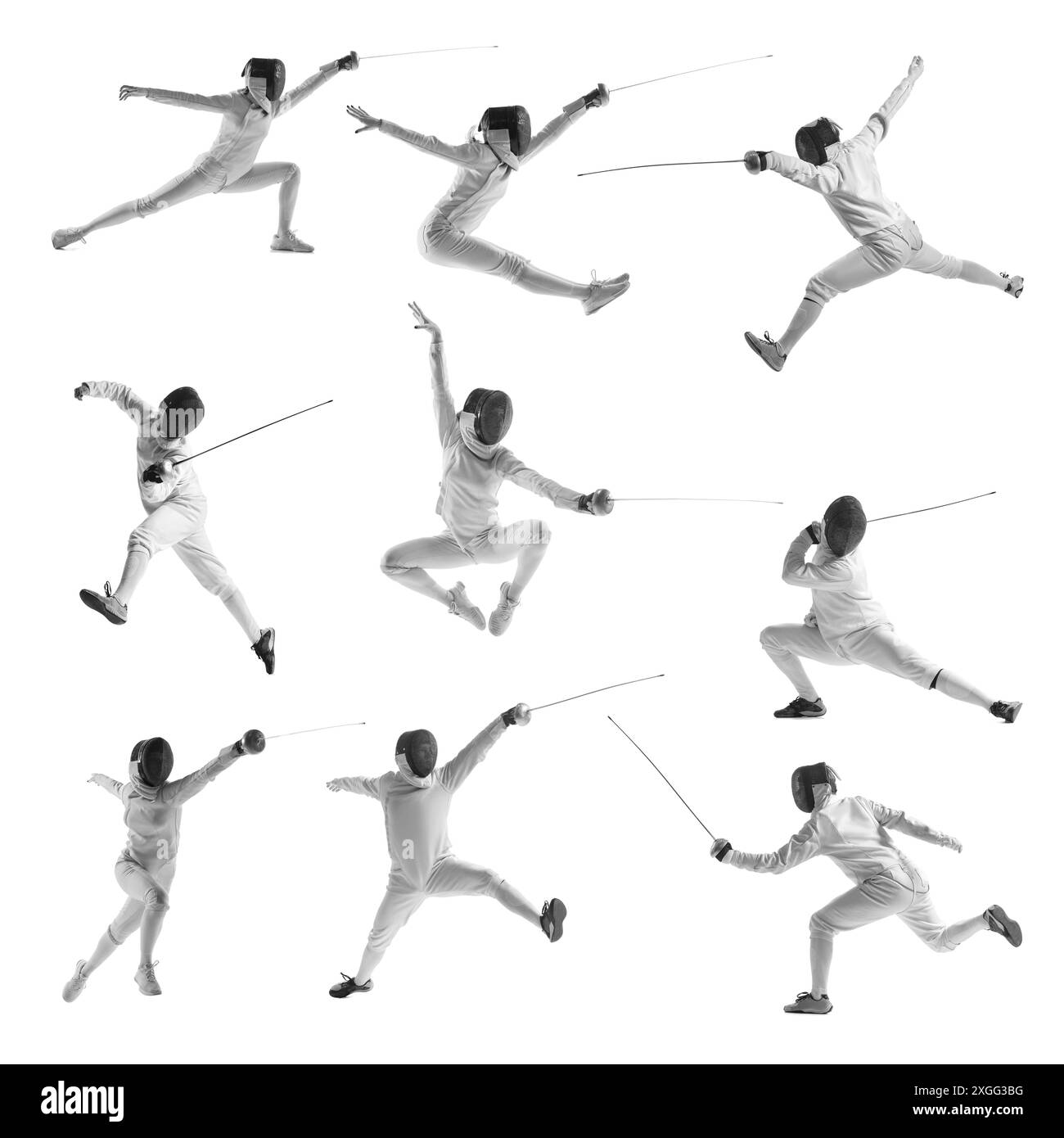 Collage. Dynamic images of male athlete in fencing costume with sword ...