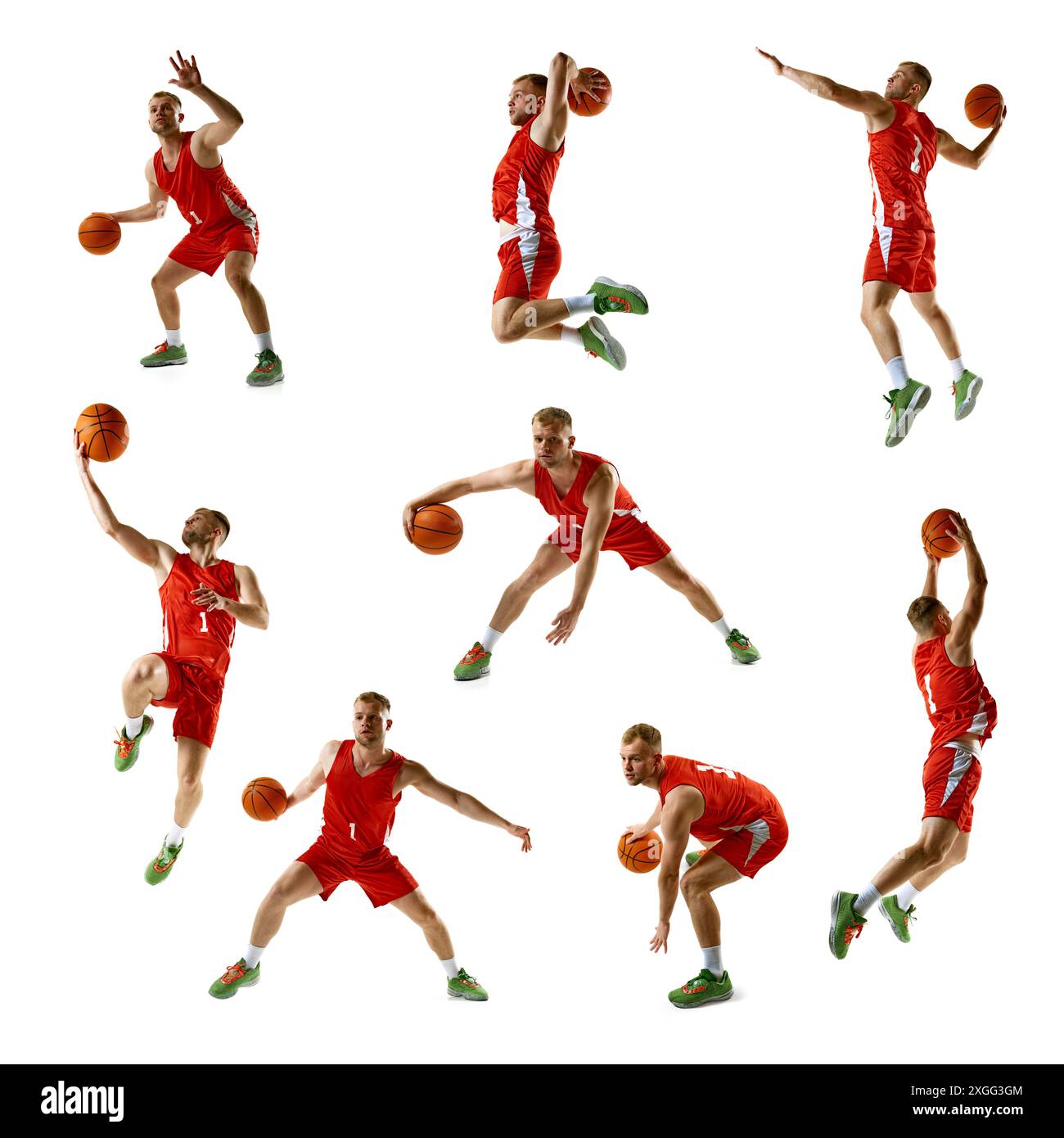 Collage. Young man in red basketball jersey and shorts, in motion ...