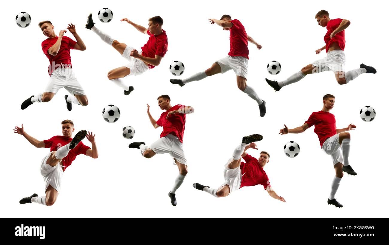 Collage. Dynamic images of young man, soccer player in red jersey and ...