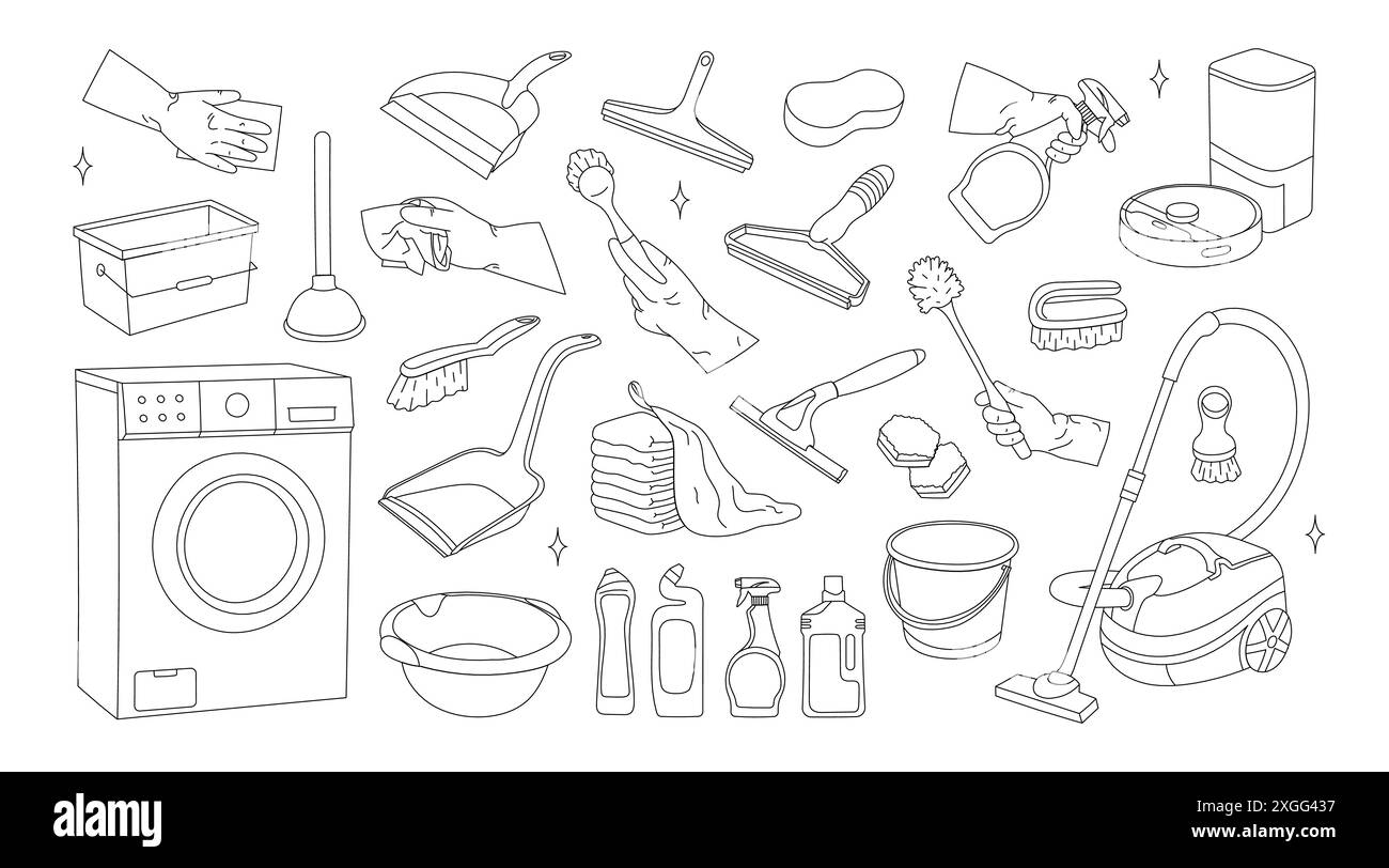 Cleaning supplies set in line art and doodle style Stock Vector Image ...