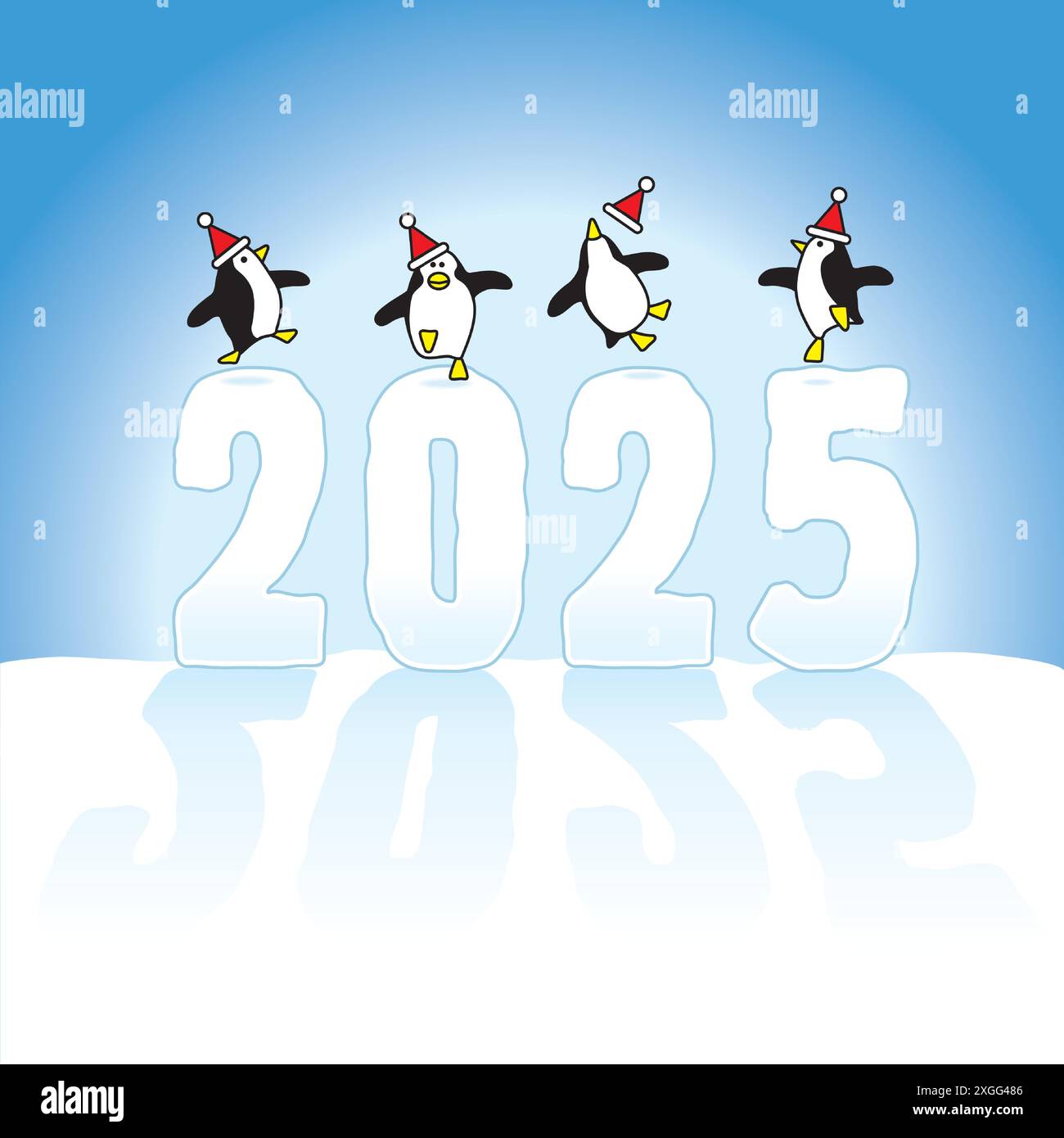 Four Happy Penguins Wearing Santa Hats Dancing on top of Year 2025 Ice ...