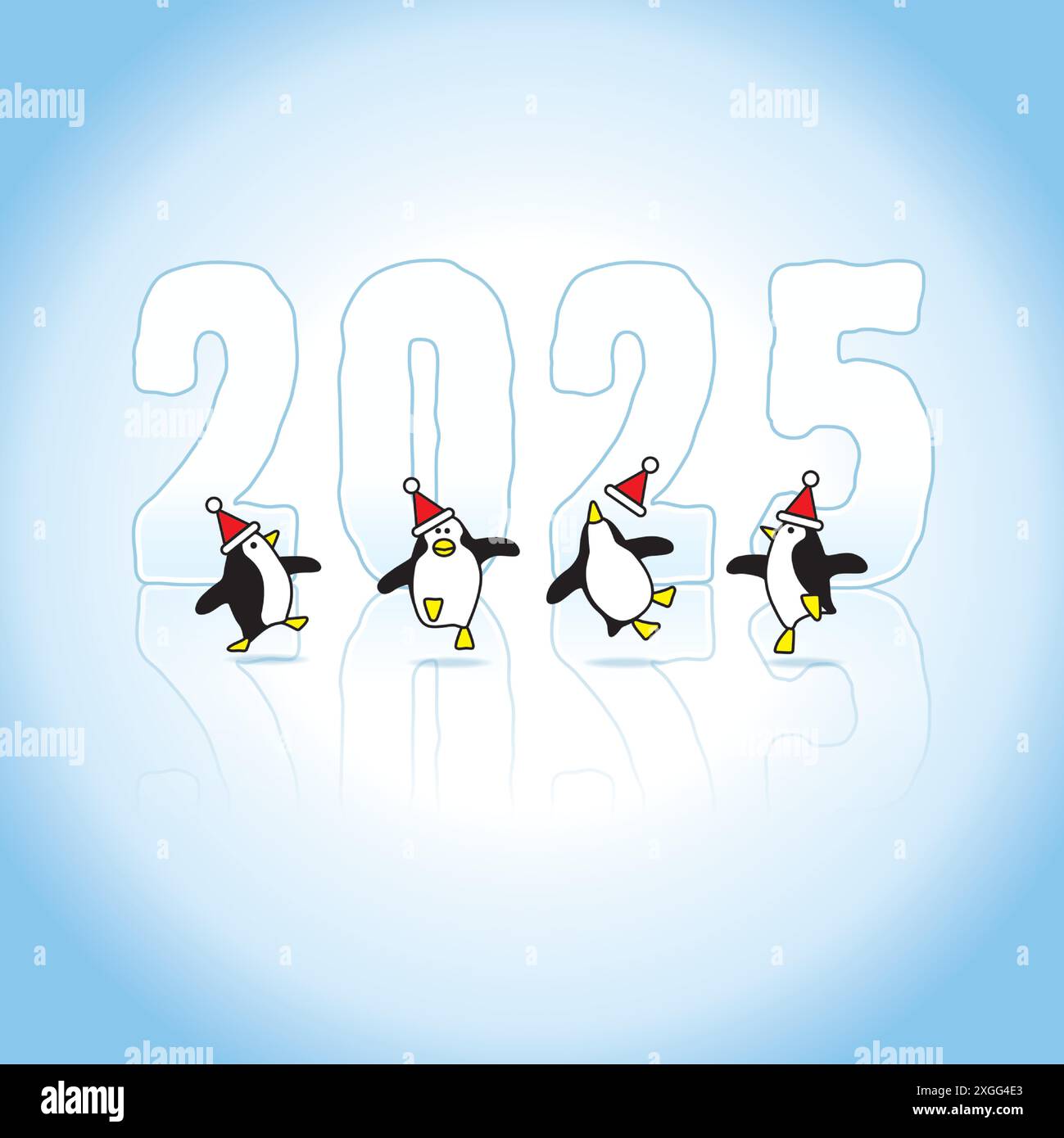 Four Happy Penguins Wearing Santa Hats Dancing in front of Frozen Year ...