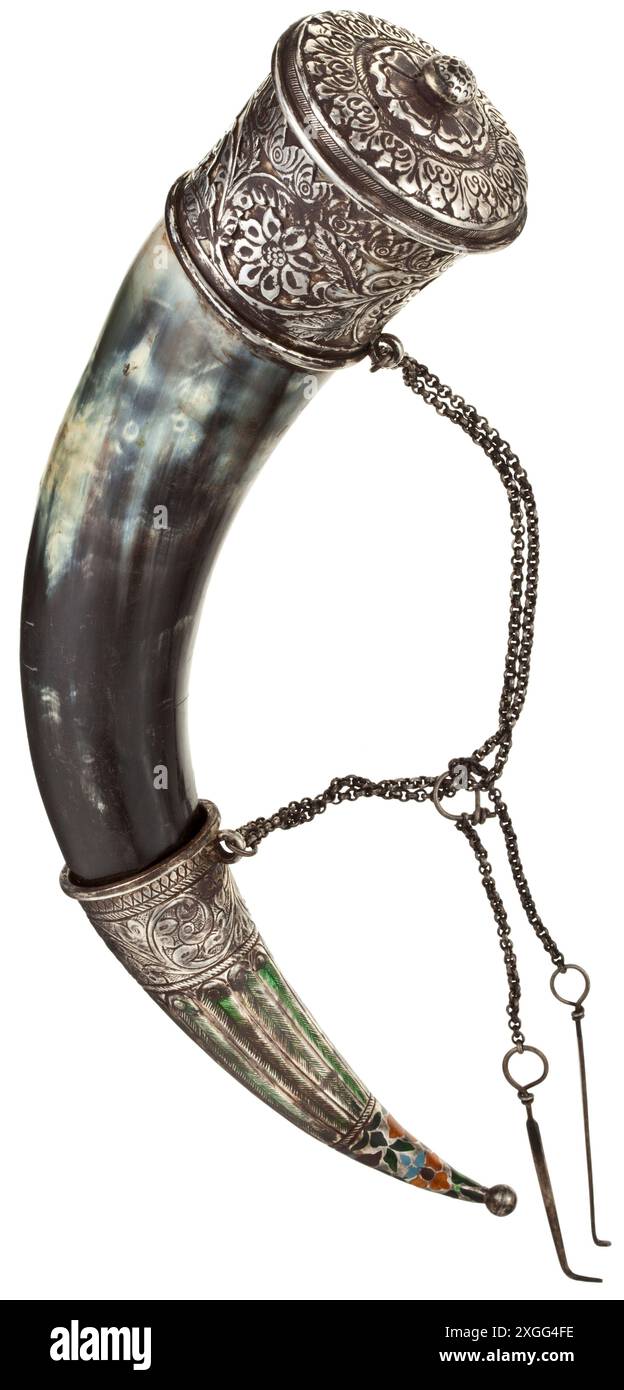 An Indian silver-mounted powder horn, circa 1900 Natural horn with a ...