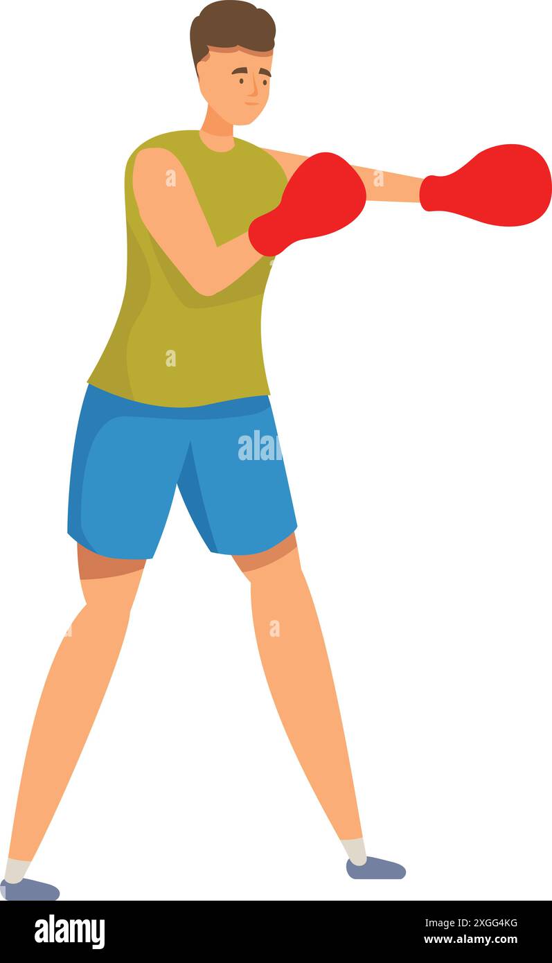 Young Athlete Is Practicing Boxing Wearing Red Boxing Gloves And Throwing Punches Stock Vector