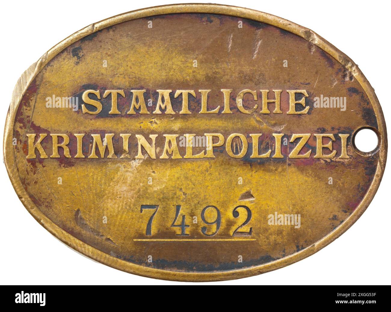 A service badge "7492" of the national criminal police, Embossed bronze ...