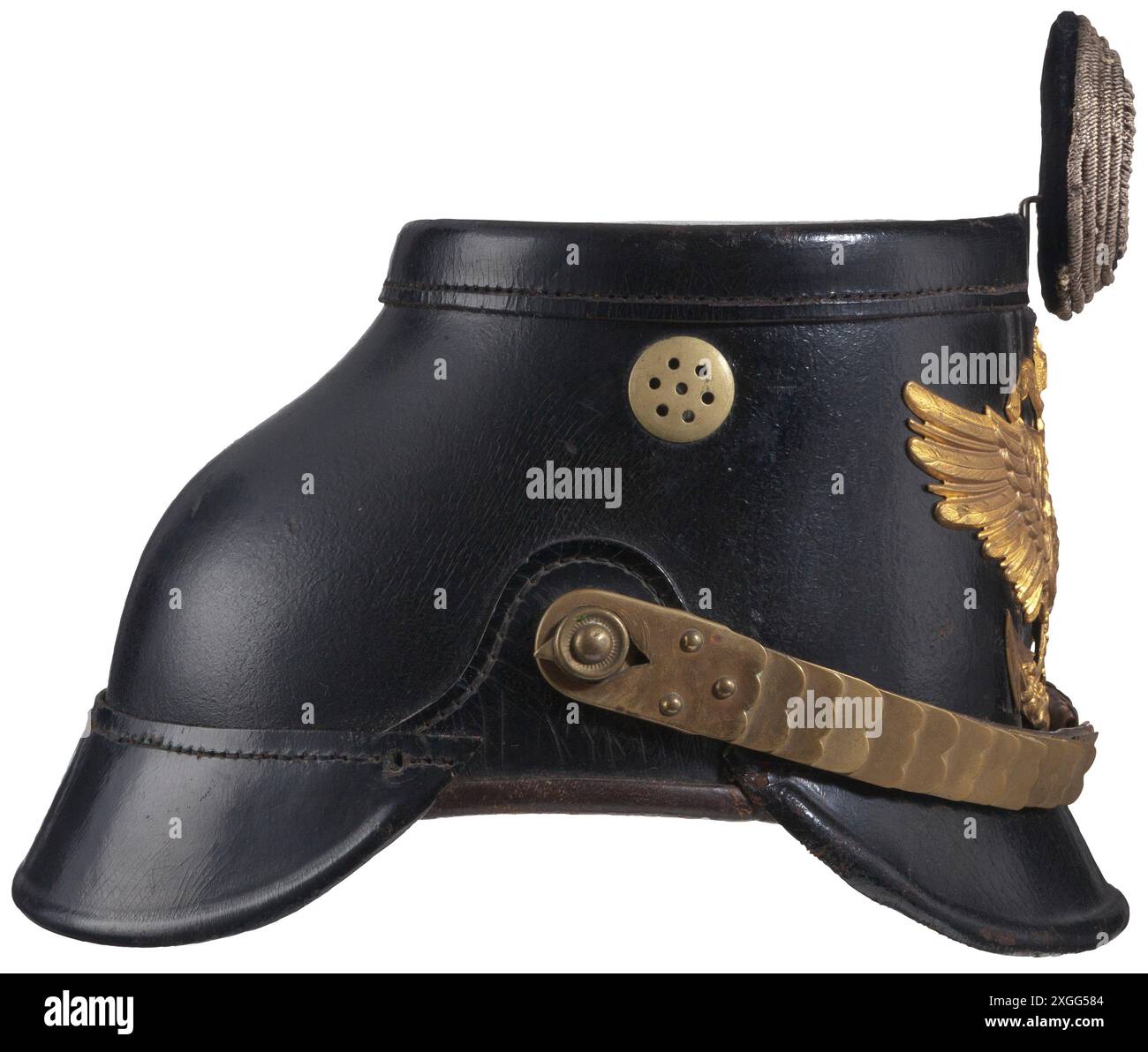 An Imperial German NCO Prussian navy shako, Black leather body with ...