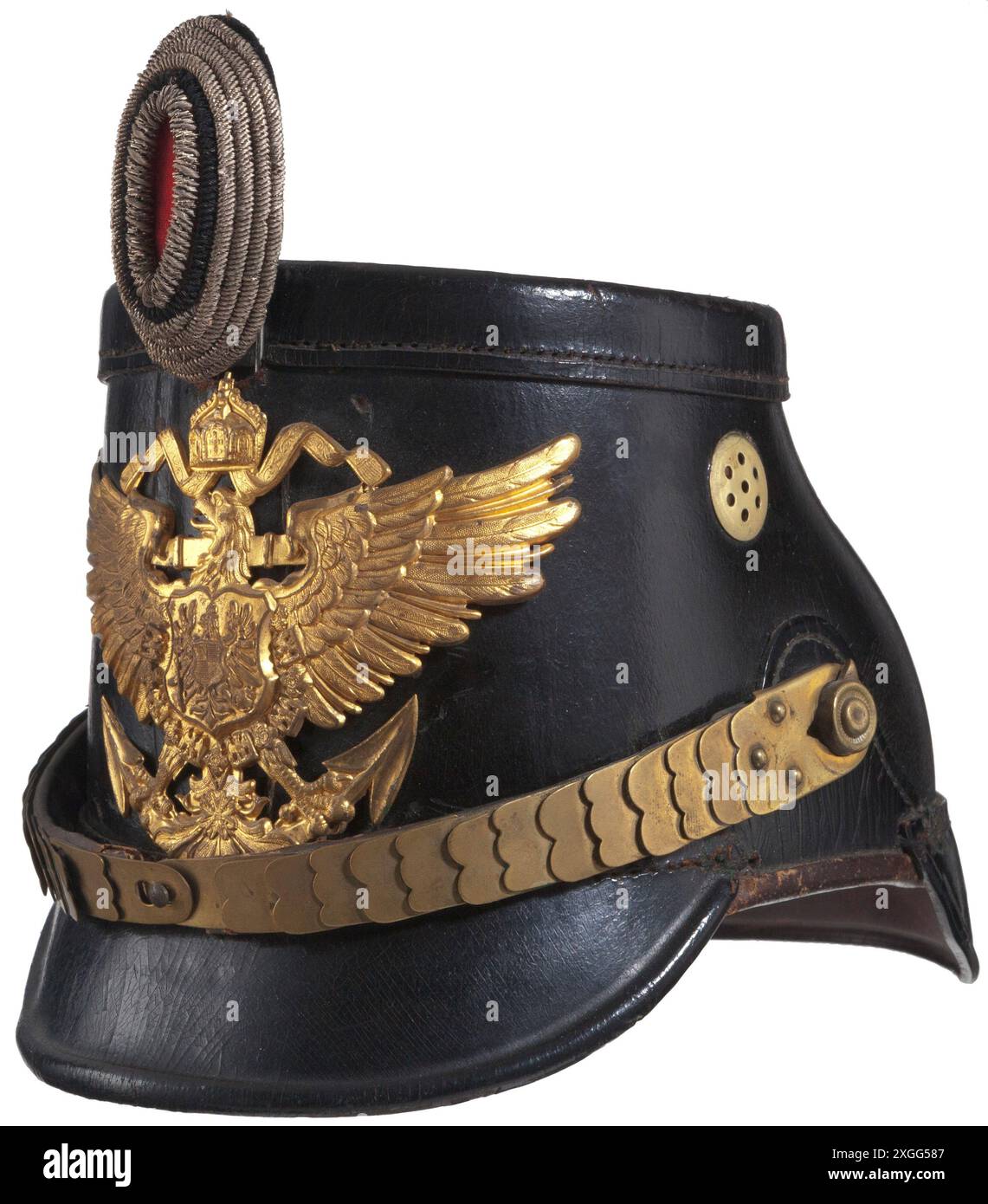 An Imperial German NCO Prussian navy shako, Black leather body with ...
