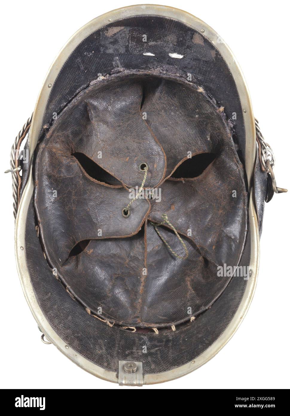 A Swiss reserve 5th Regiment shako, Black leather body, front and rear ...