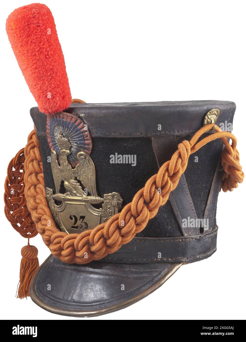A French Infantry 1st Empire 23rd Regiment shako, Black leather body ...