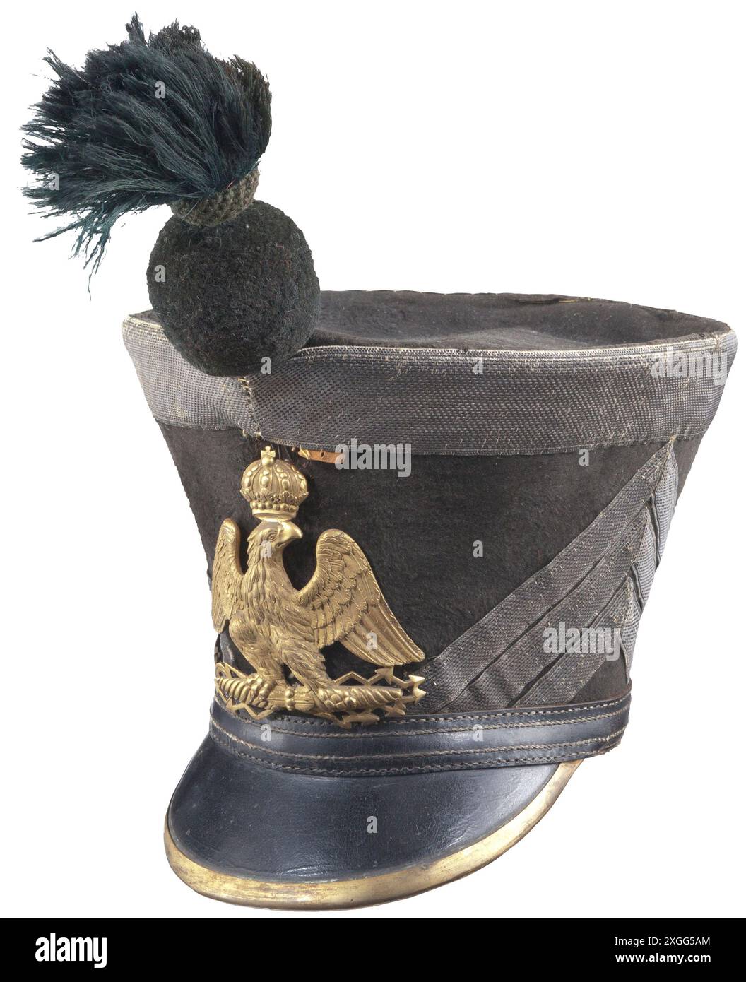 A French Infantry 1st Empire officer shako, Black leather body and ...