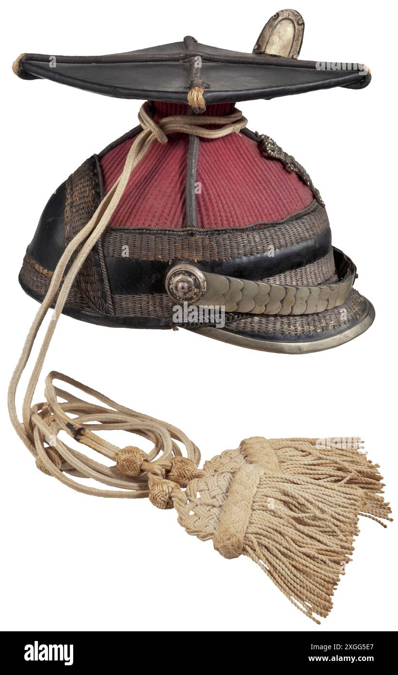 A Bavarian M 1873 officer's Uhlan czapka, Black leather body with pipe ...