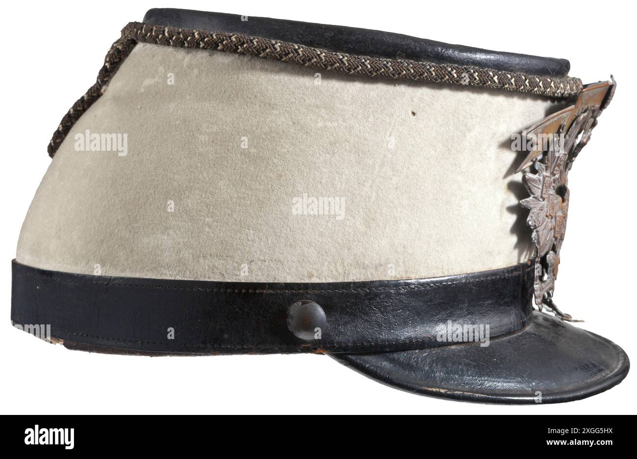 An Imperial Russian officer shako, Black leather body with front visor ...