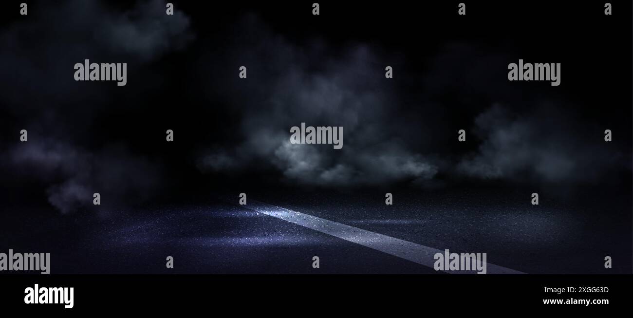 Wet asphalt road with marking line covered in smoke and illuminated by ...