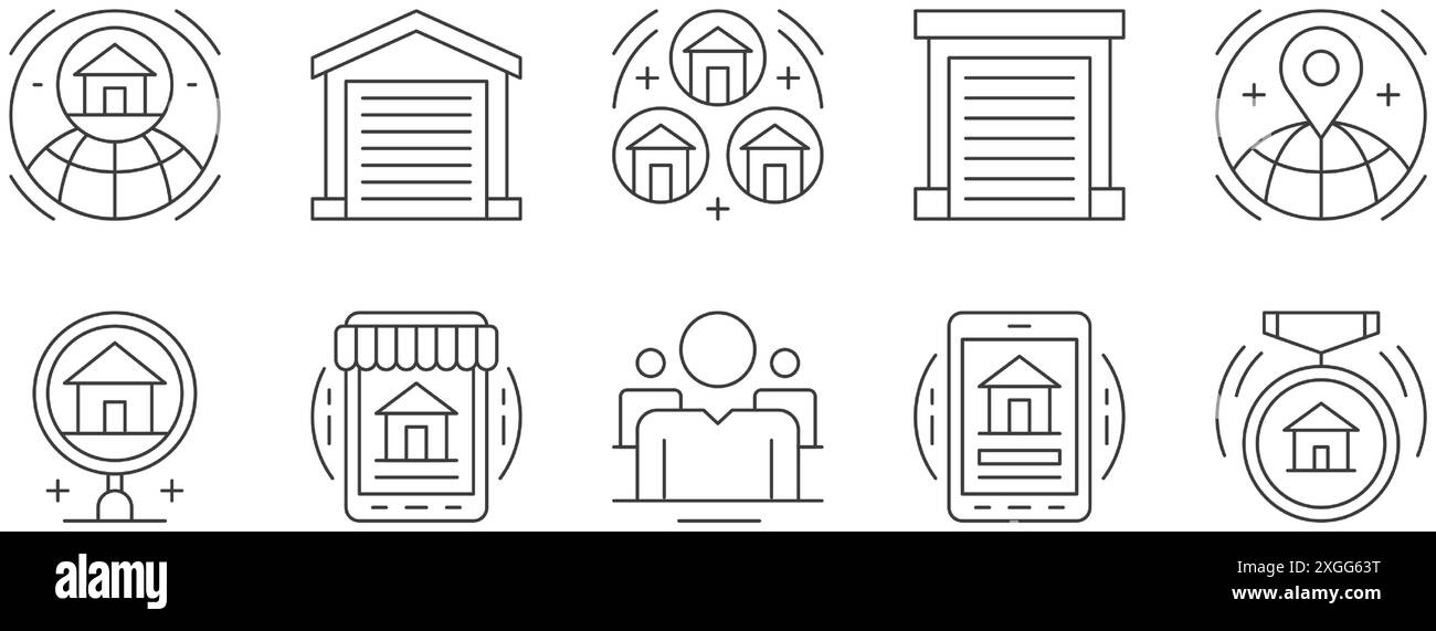 Real estate agency global search mobile app medal thin line art icons ...