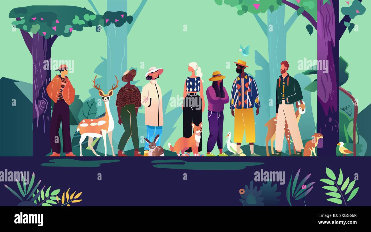 Community people group in forest scene Diverse individuals animals ...