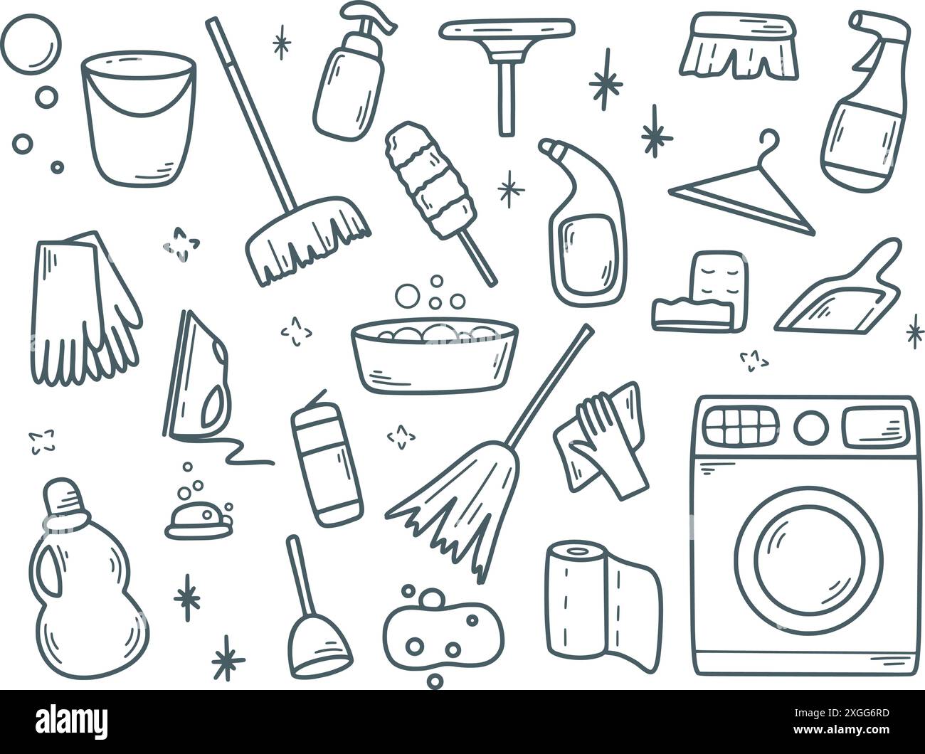 Cleaning ink doodle sketch style set. Hand drawn icons of home cleaning ...