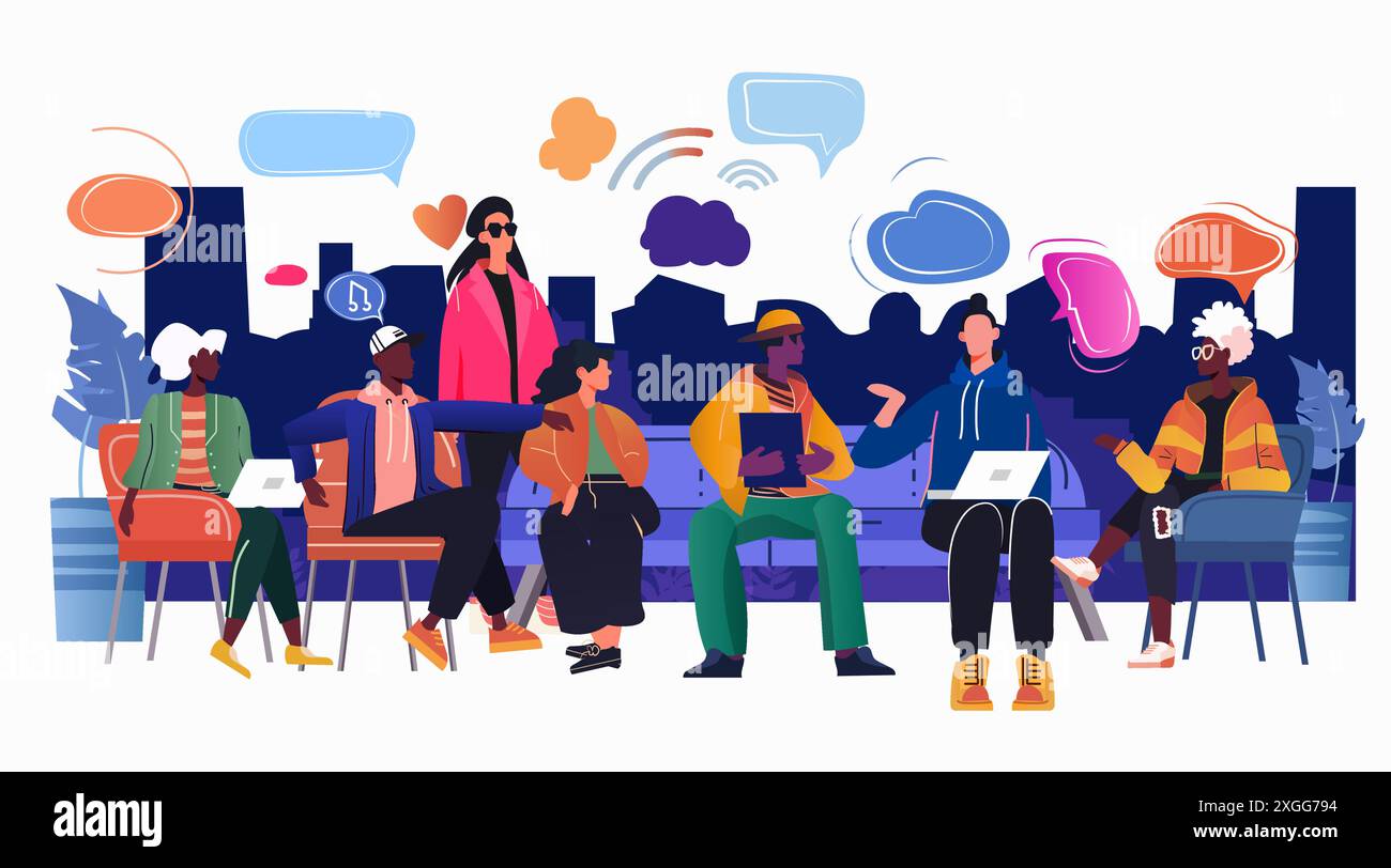 Community people group discussing ideas diverse characters vibrant ...