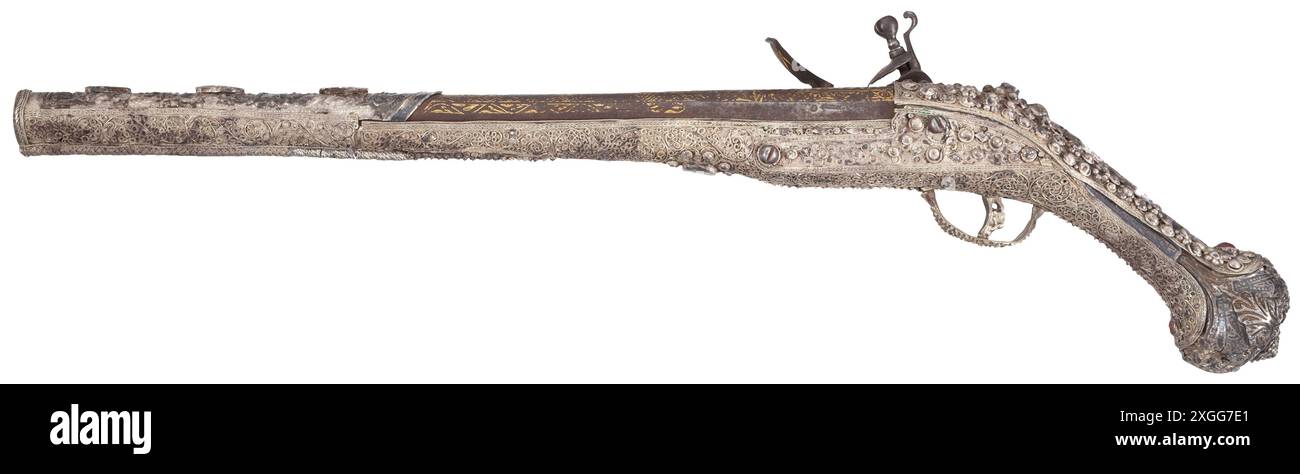 An Ottoman gold-inlaid flintlock pistol, the stock and holster ...