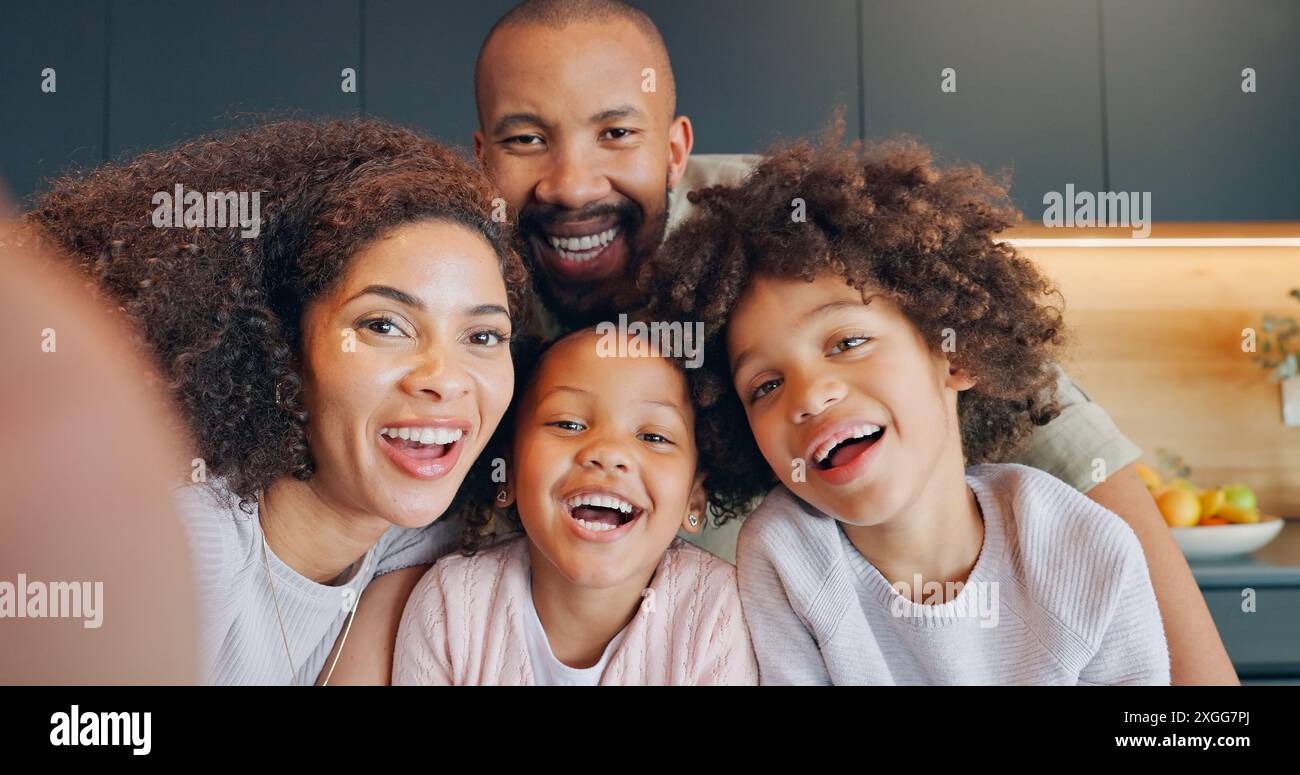 Family smile, children and portrait selfie for social media, love ...