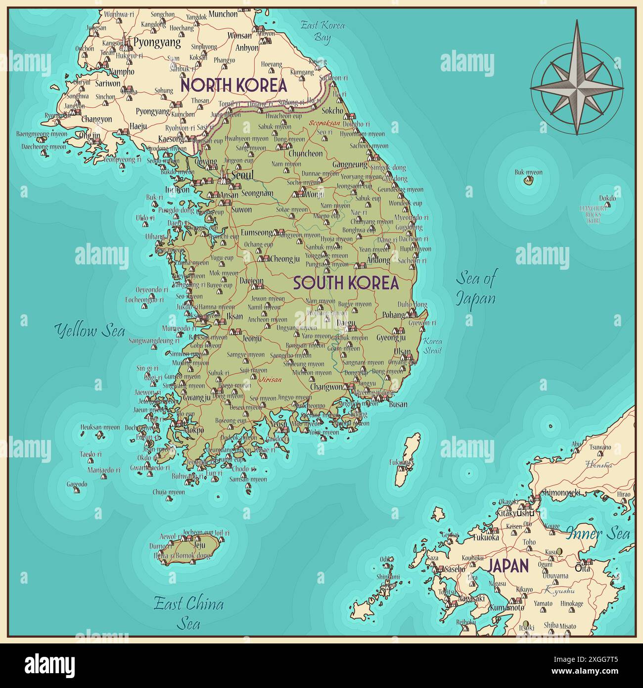 Vintage map south korea hi-res stock photography and images - Alamy