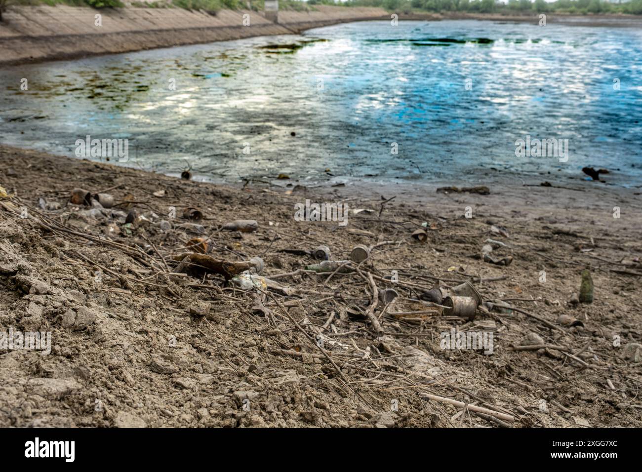 dry trees and various garbage remains on the edge of the dried lake ...