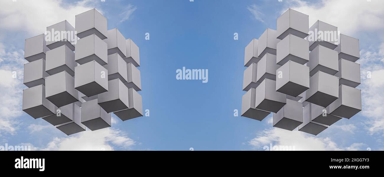 Multiverse, white cubes floating in the air with the sky in the ...