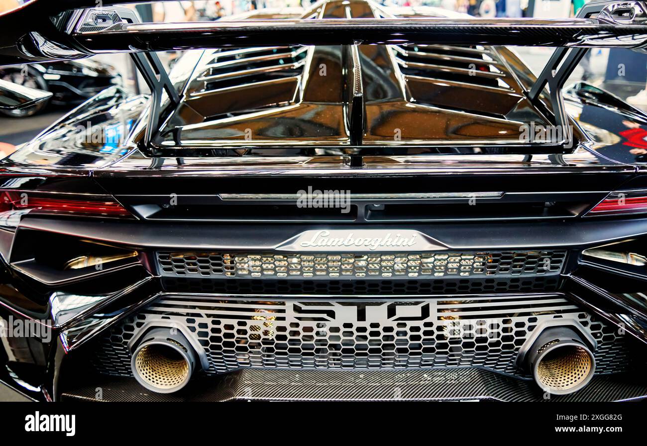 Lamborghini Huracan STO with exhaust pipes and rear wing, rear view of ...