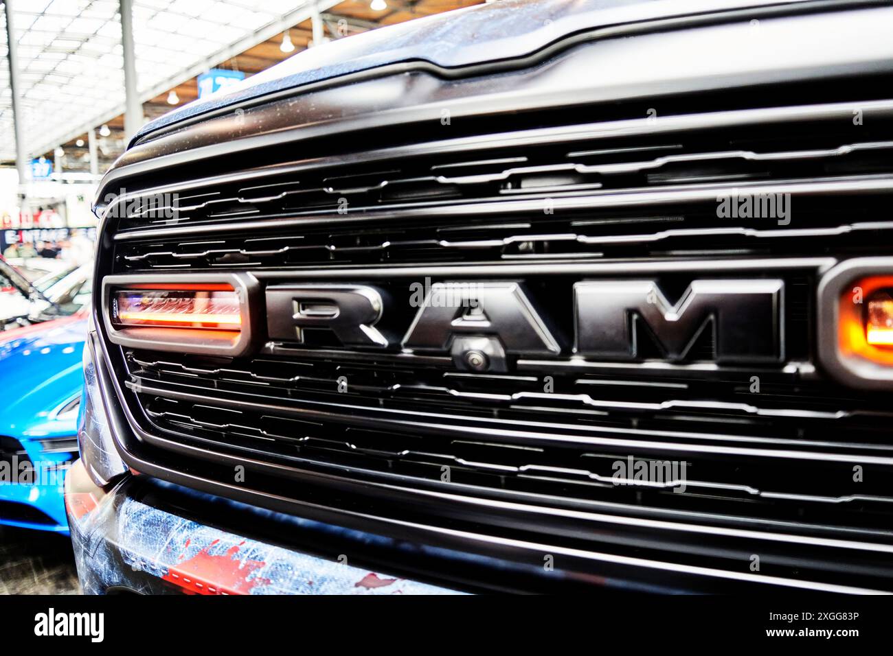 Dodge Ram brand lettering on the grille of the American pickup truck in ...