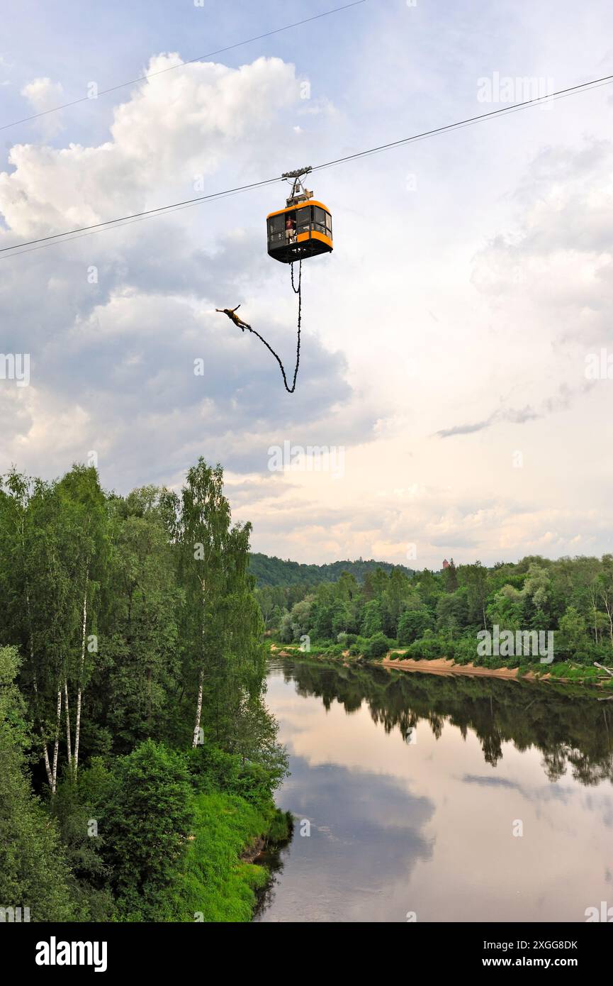 Bungee jumping from the cable car over the Gauja River, around Siguld ...
