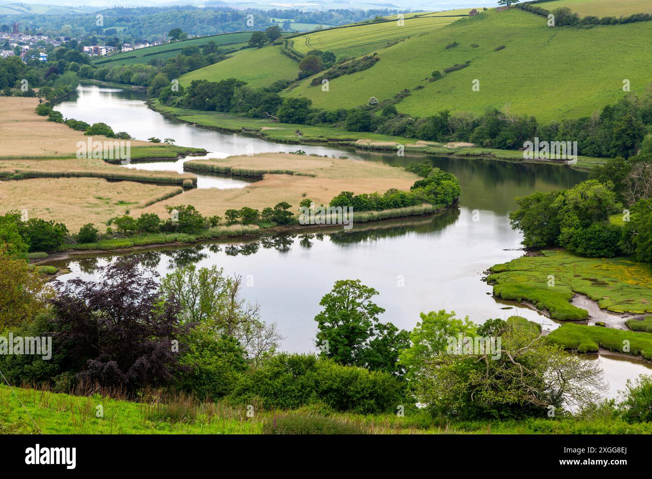 Landscape view of River Dart estuary and valley near Totnes, south ...